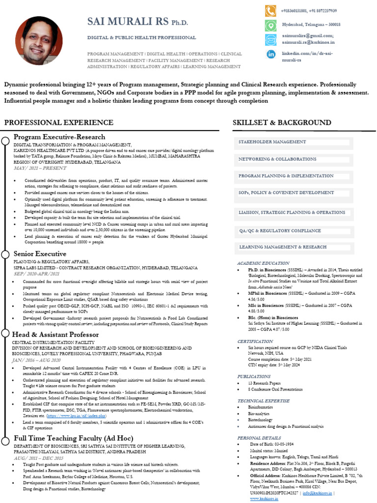 Resume - Sai Murali - 31-08-2023 | PDF | Clinical Trial | Biotechnology