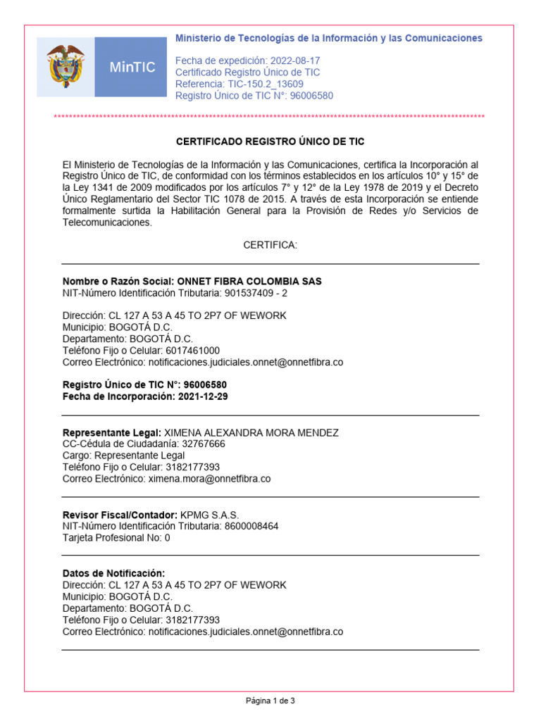 Certificado Registro Único TIC 2022 | PDF