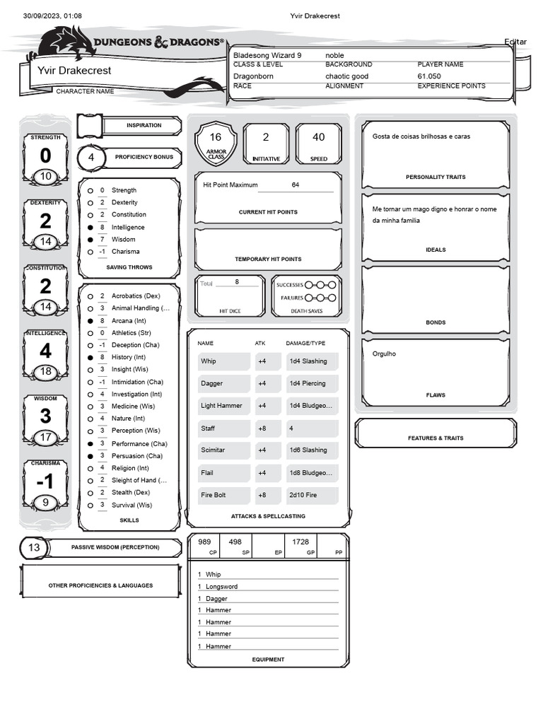 DND Ficha de Mago Dragonborn 9lvl Pronta | PDF