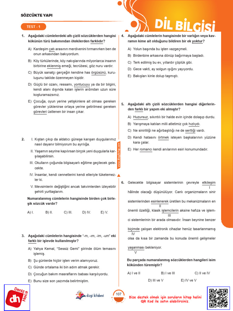 Sozcukte Yapi Sorular 2024 Deniz Hoca | PDF
