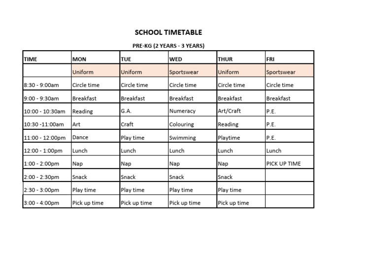 SCHOOL TIME TABLE Pre-KG | PDF