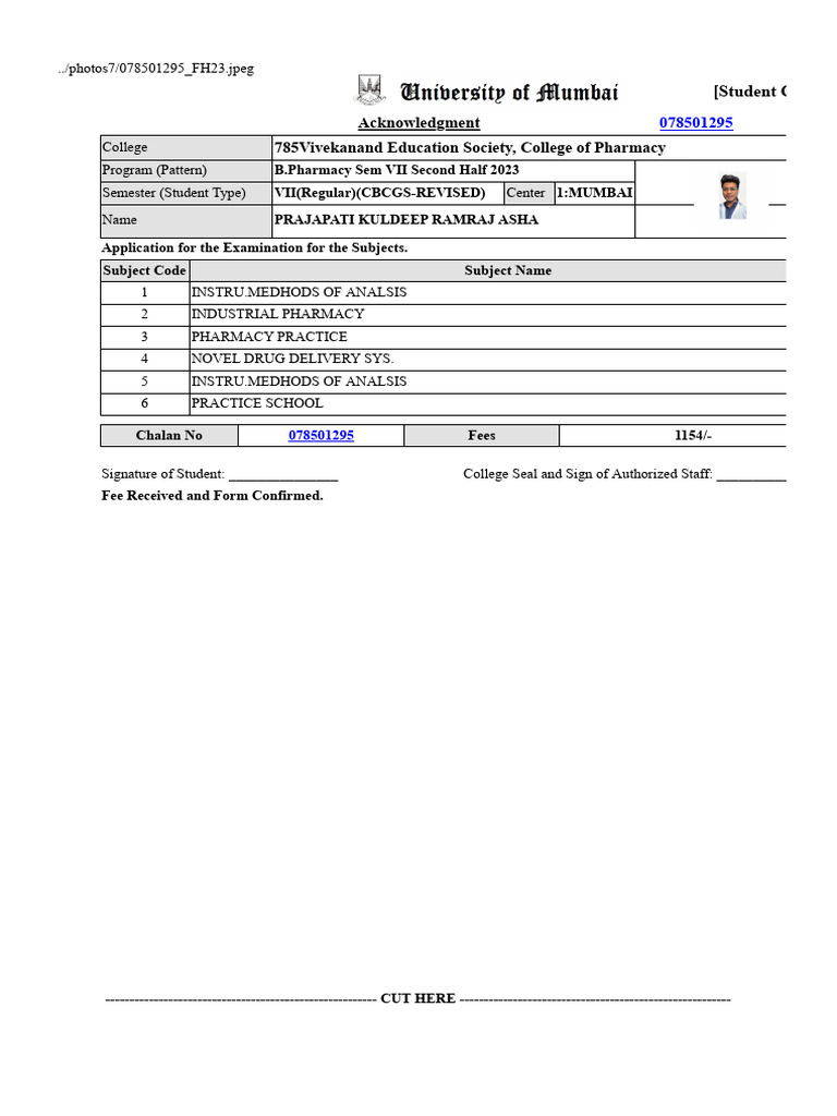 B.pharmacy Exam Form Acknowledgment | PDF