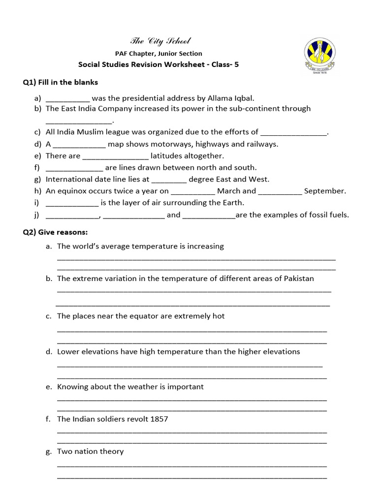 Social Studies Revision Worksheet Class 5 | PDF
