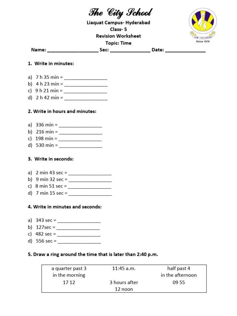 Class 5 Maths Work Sheet | PDF