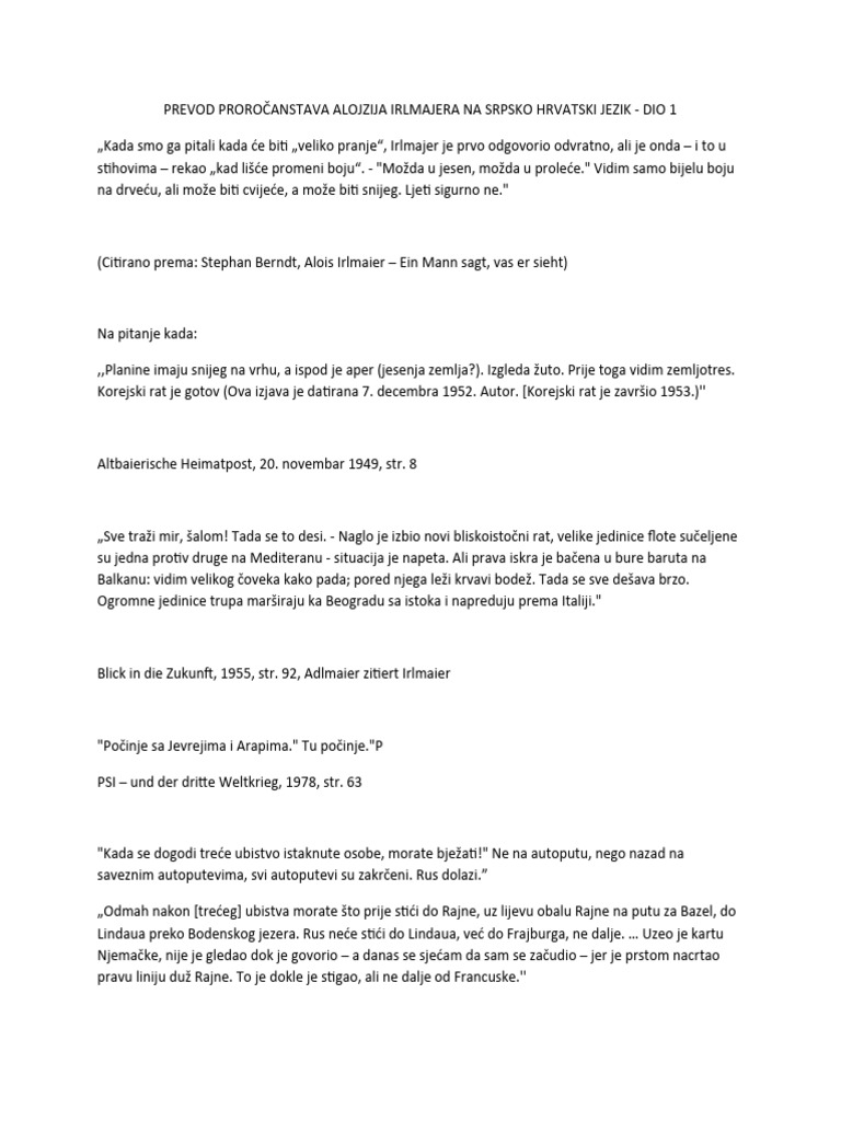 Prevod Proročanstava Alojzija Irlmajera Na Srpsko Hrvatski Jezik - Dio 1 | PDF