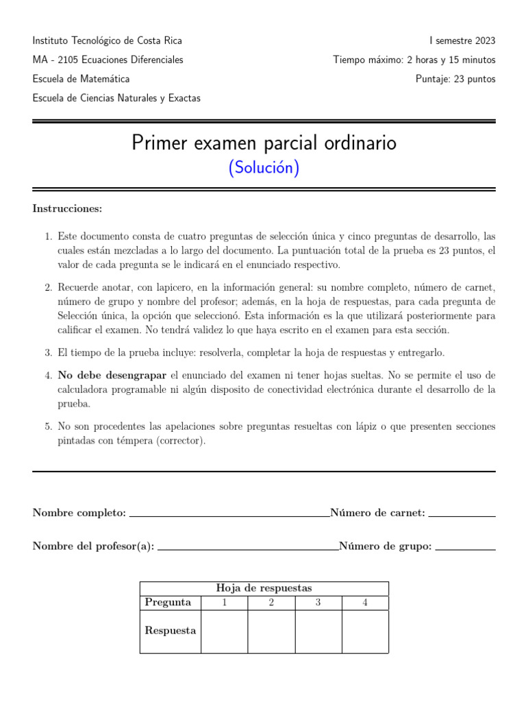 Solución Primer Parcial | PDF | Ecuaciones | Ecuaciones diferenciales