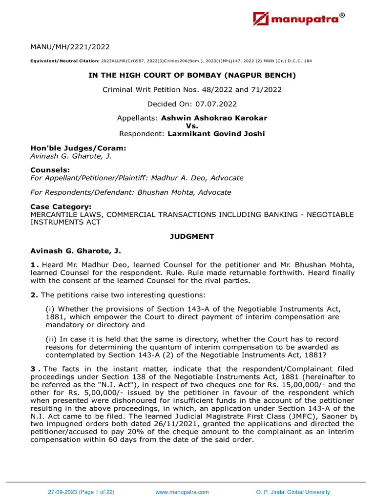 Ashwin Ashokrao Karokar Vs Laxmikant Govind Joshi ...