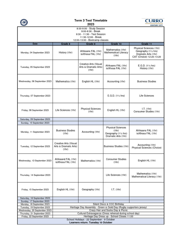 Term 3 Test Timetable 2023 | PDF