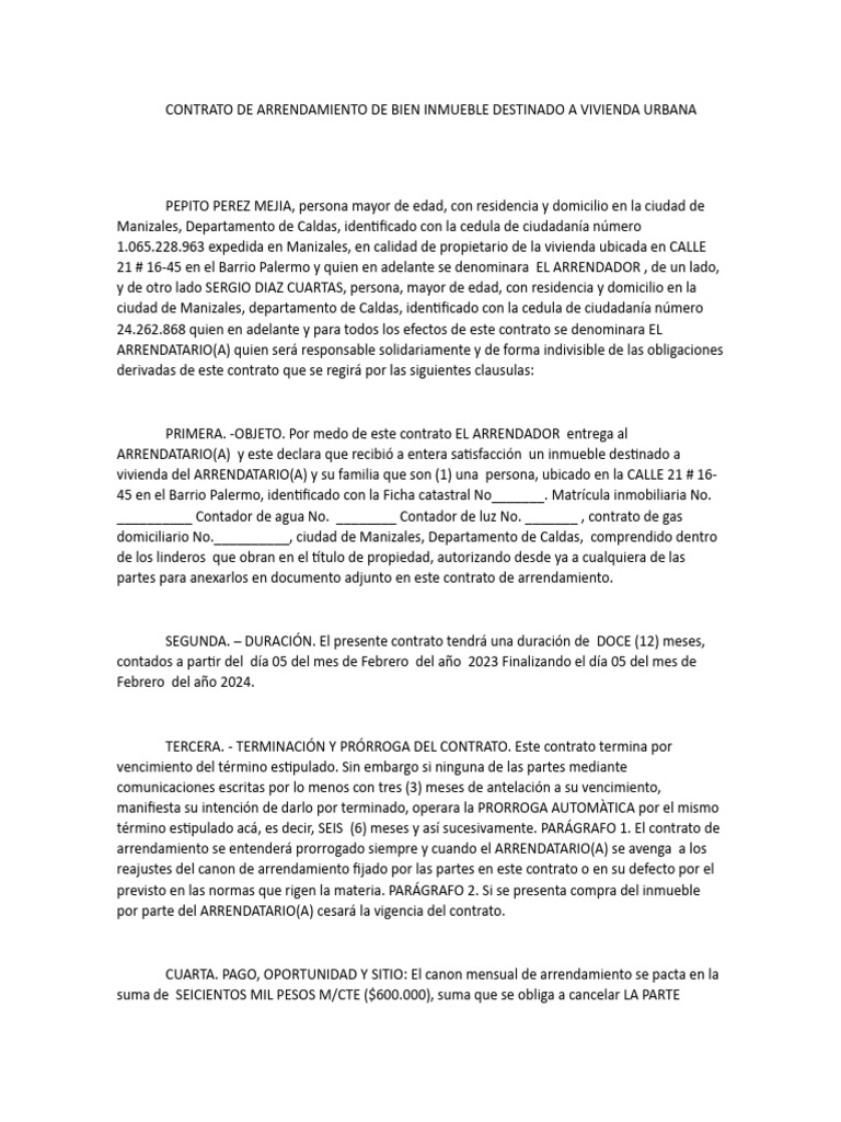 Contrato de Arrendamiento de Bien Inmueble Destinado A Vivienda Urbana | PDF | Pagos | Derecho ...