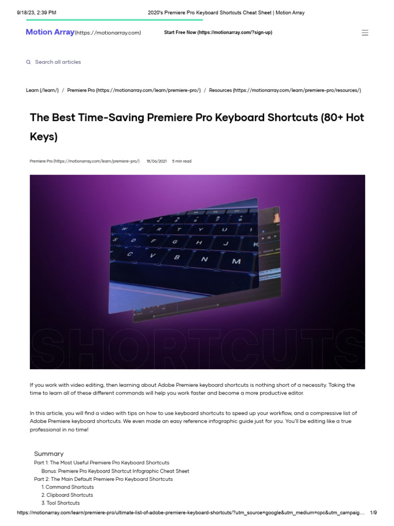 2020's Premiere Pro Keyboard Shortcuts Cheat Sheet _ Motion Array | PDF