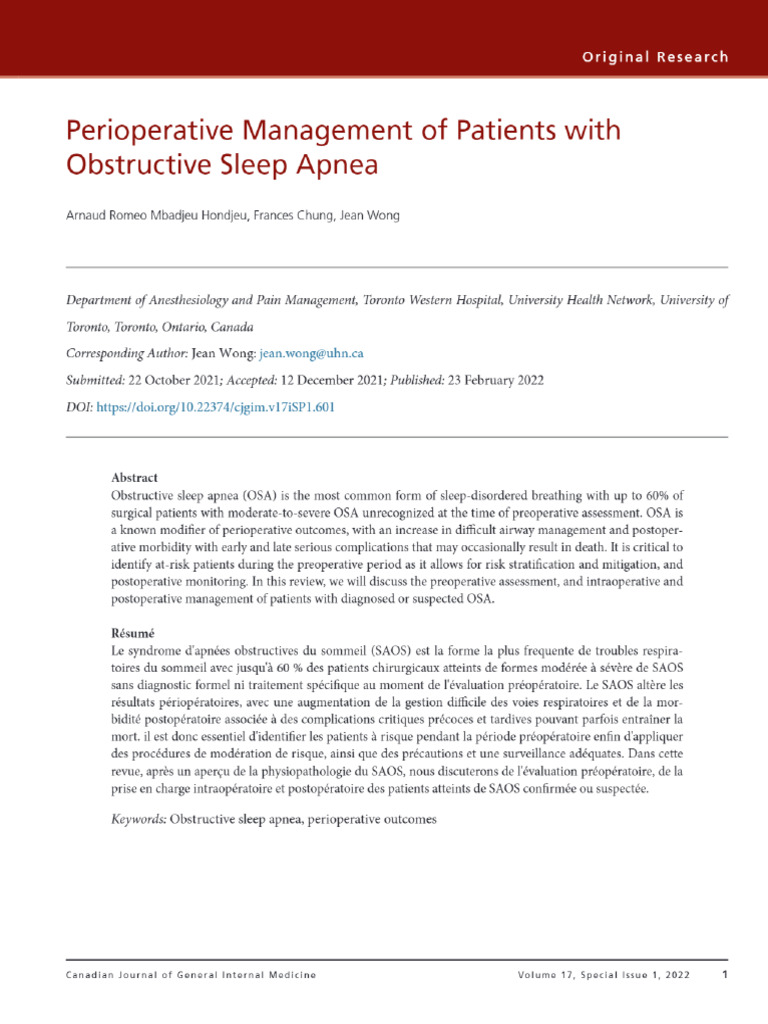 View of Perioperative Management of Patients With Obstructive Sleep ...