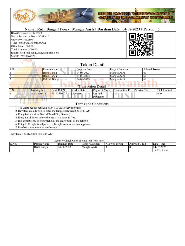 Token Detail: Name: Rishi Banga - Pooja: Mangla Aarti - Darshan Date: 04-08-2023 - Person: 3 ...