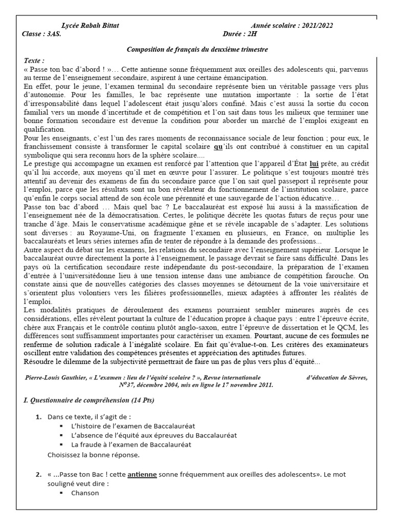 Passe Ton Bac Composition 3AS - SE | PDF