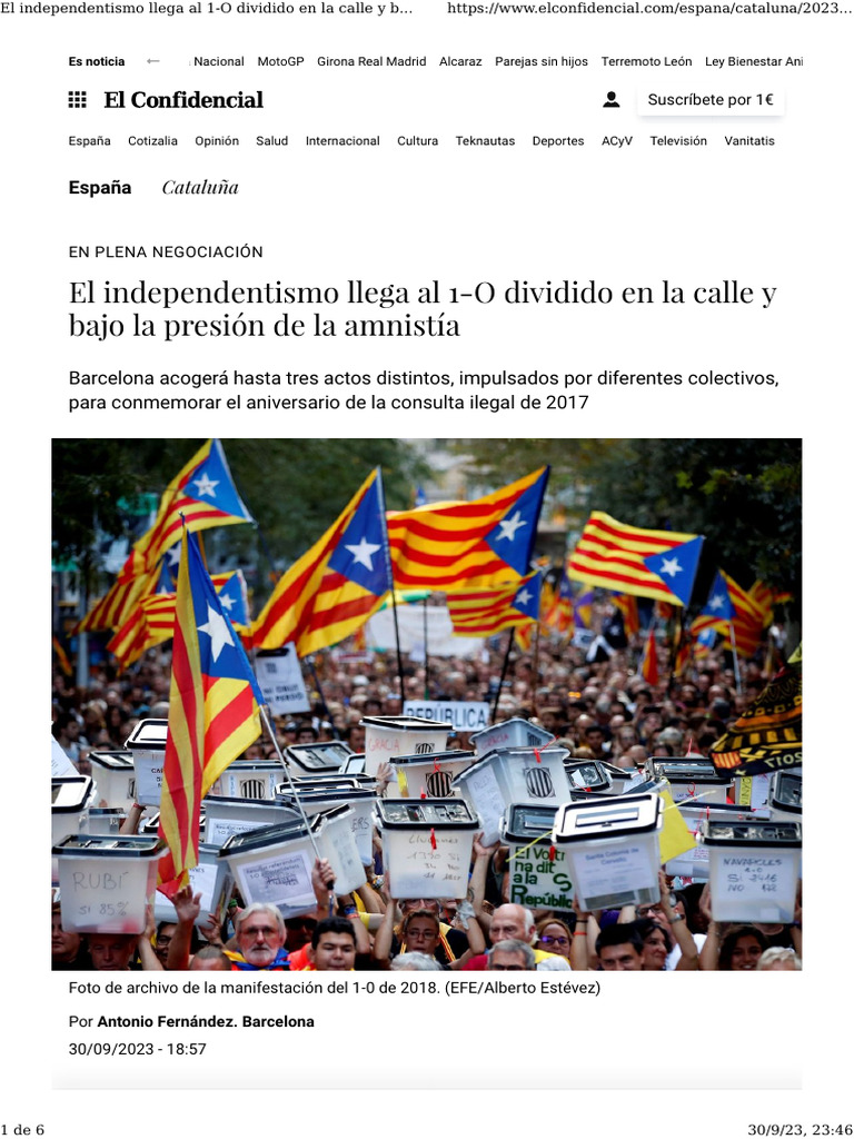 El Independentismo Llega Al 1-O Dividido en La Calle y Bajo La Presión de La Amnistía | PDF