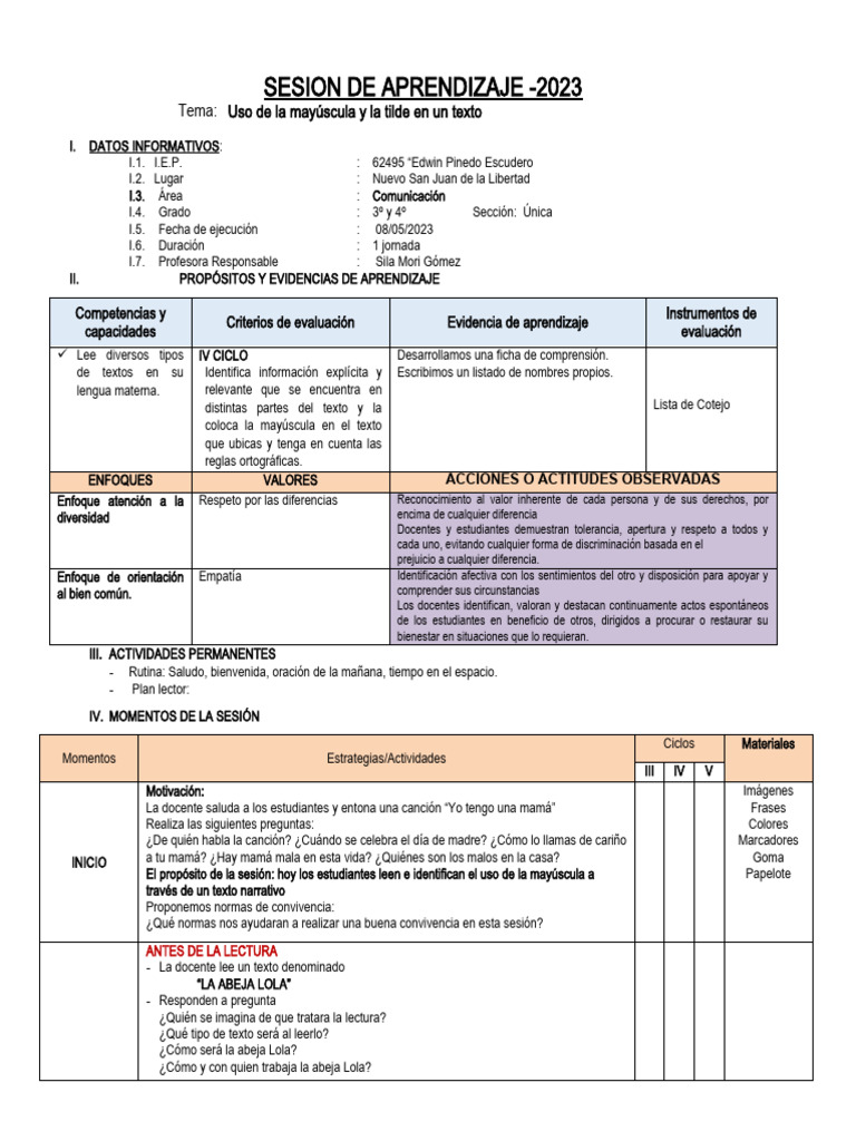 Sesion Aprendizaje El Uso de La Mayuscula Com-08!05!2023x | PDF