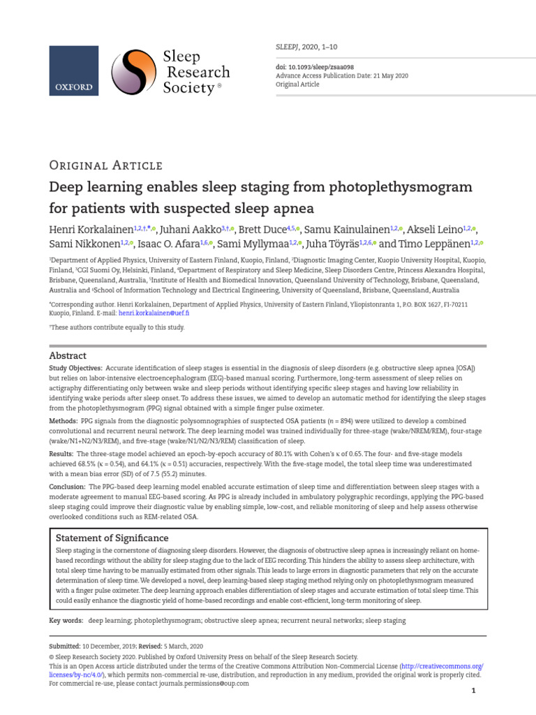 Deep Learning for Sleep Staging via PPG | PDF