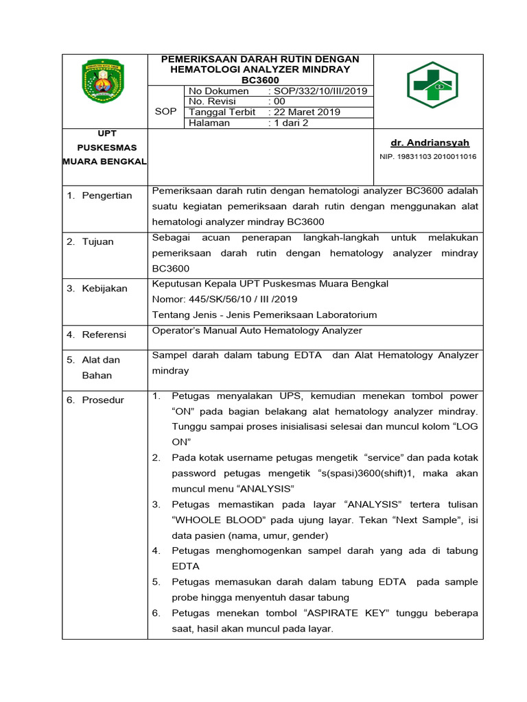SOP Pemeriksaan DR Hematologi Analyzer Mindray | PDF
