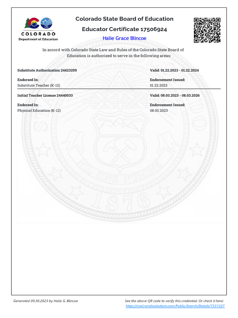 Halie Grace Blincoe Educator Credentials | PDF
