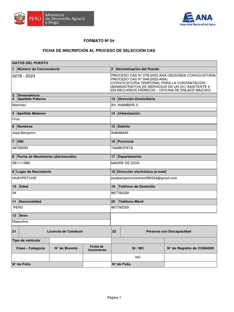 Formato #04 Ficha de Inscripción Al Proceso de Selección Cas | PDF