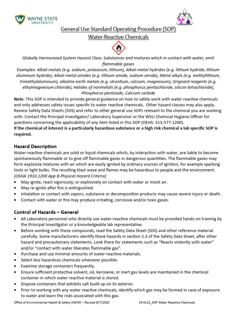 SOP for Water-Reactive Chemicals | PDF | Science & Mathematics ...
