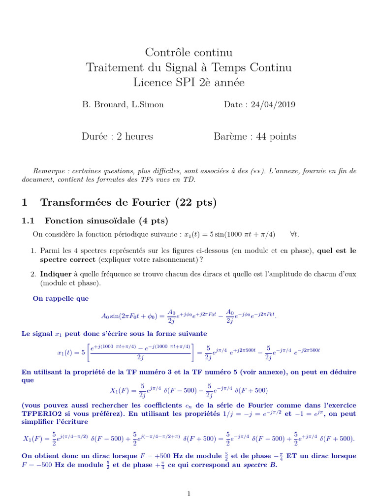Contrôle continu : Traitement du Signal | PDF