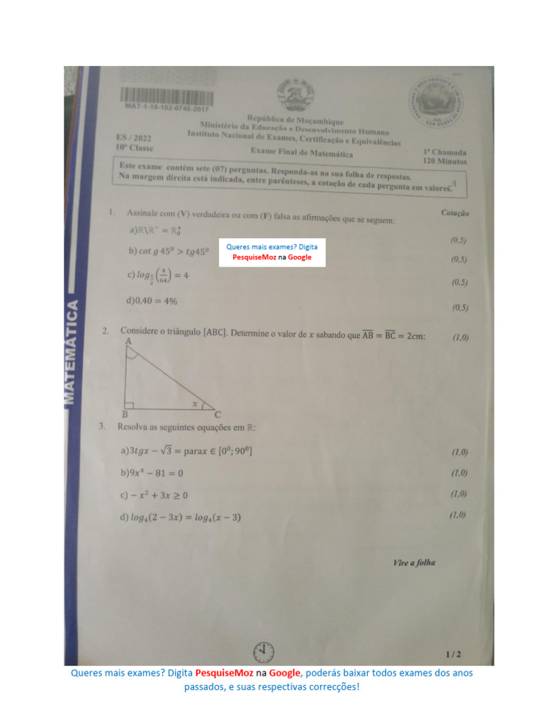 Exame de Matematica 10 Classe 2022 | PDF