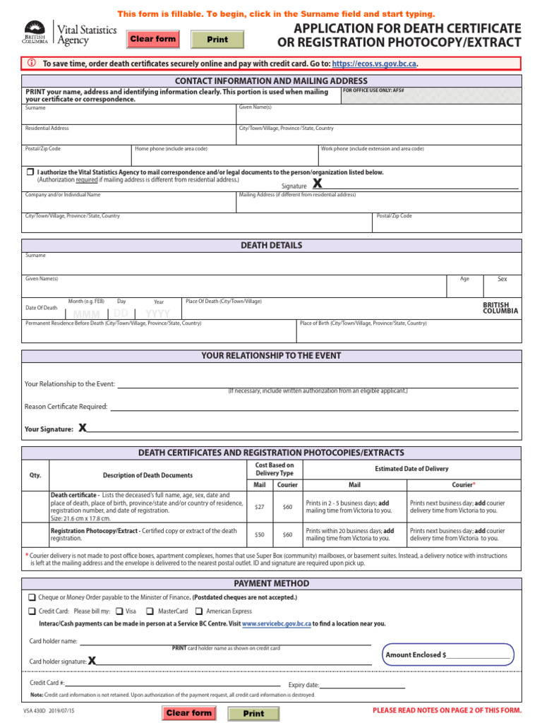 BC Canada Death Certificate Application Form | PDF