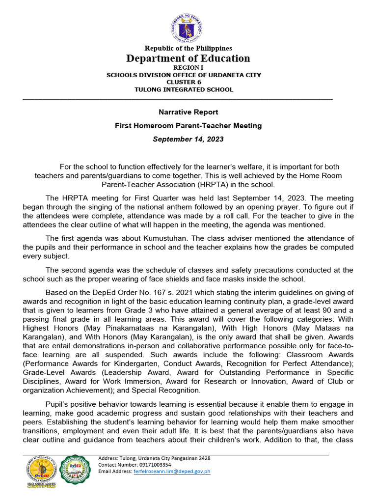 First HRPTA Meeting Narrative Report | PDF | Teachers | Learning