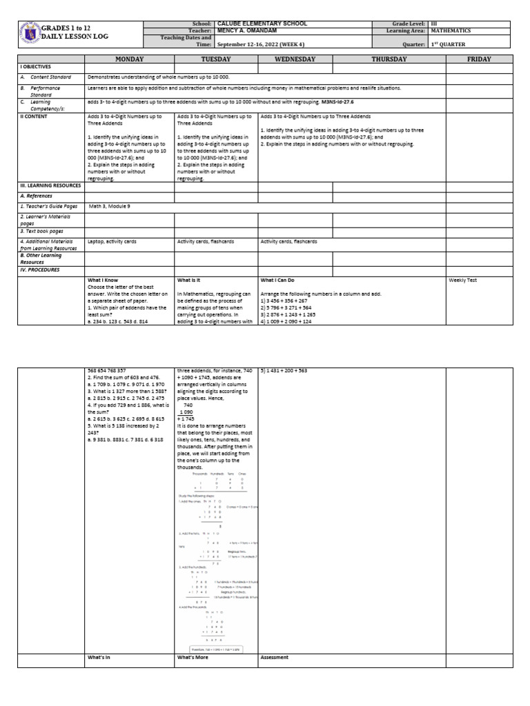 DLL - Mathematics 3 - Q1 - W4 | PDF | Cognition | Behavior Modification