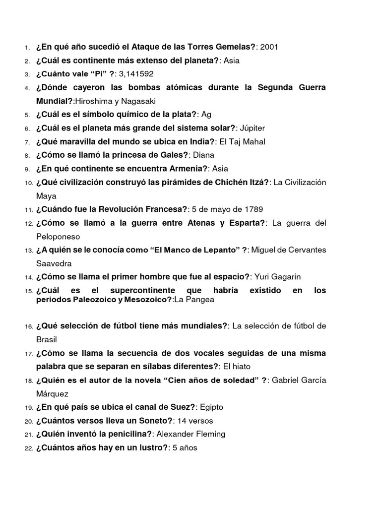 PREGUNTAS DE CULTURA GENERAL 1A SEC. | PDF