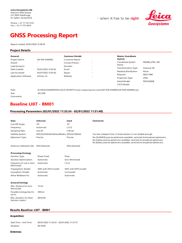 GNSS Processing Report: Baseline LI07 - BM01 | PDF