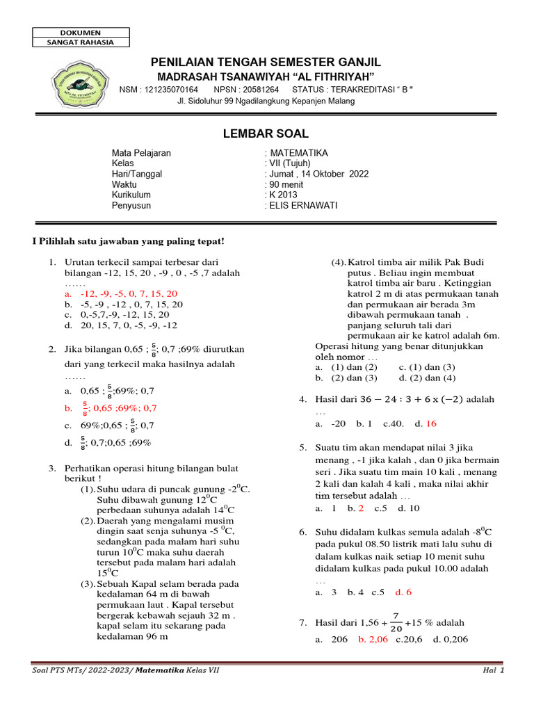 Soal Pts MTK Ganjil 7 2022 N | PDF