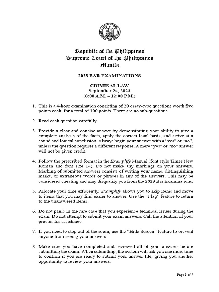 Criminal Law 2023 Bar Questions | PDF