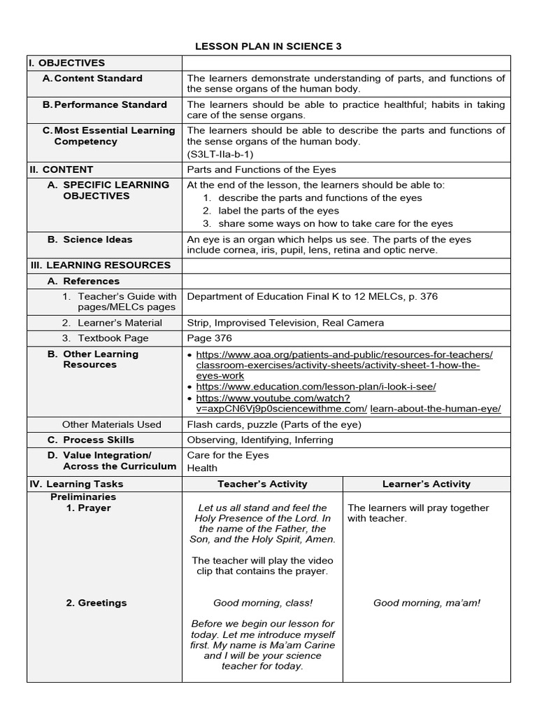 LESSON-PLAN-IN-SCIENCE-3-DEMO-Teaching-1 | PDF | Eye | Camera