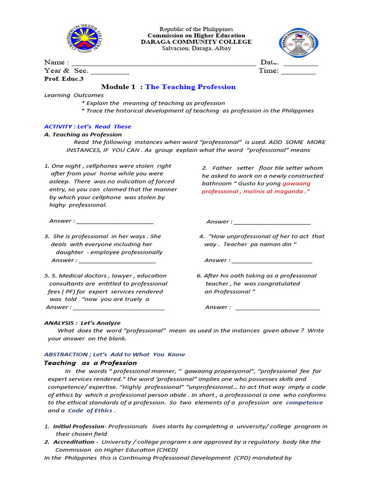 Prof. Educ 3 Module 1 The Teaching Profession | PDF