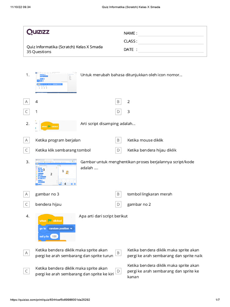 Quiz Informatika (Scratch) Kelas X Smada | PDF