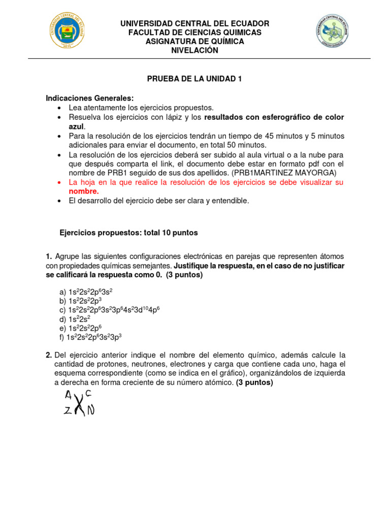 Prueba U1 | PDF | Química | Tabla periódica