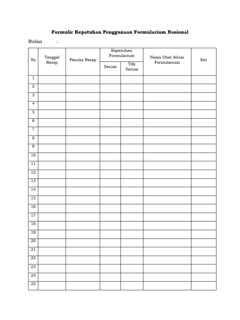 Formulir Kepatuhan Penggunaan Formularium Nasional | PDF