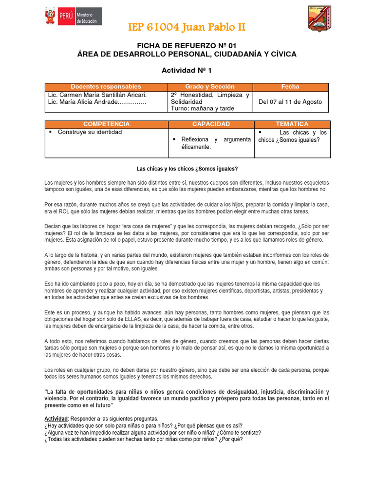 2° DPCC. Ficha de Refuerzo #01 - (V UND - III B) | PDF | Ciencias sociales