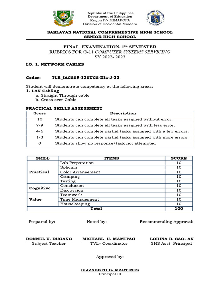CSS 11 Rubrics Tos Final Exam | PDF | Tests | Student Assessment And ...