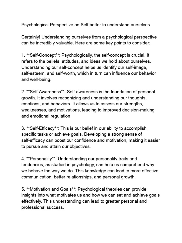Psychological Perspective On Self Better To Understand Ourselves | PDF