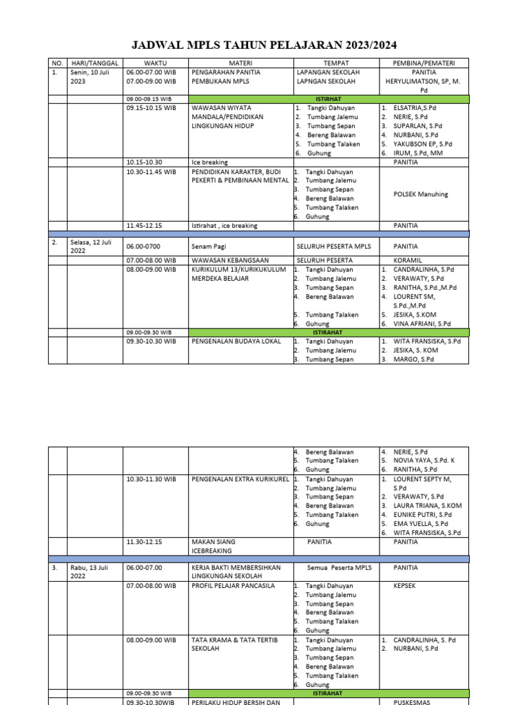 Jadwal MPLS Tahun Pelajaran 2023-2024 | PDF