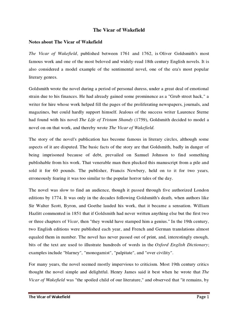 The Vicar of Wakefield Summary-1 | PDF