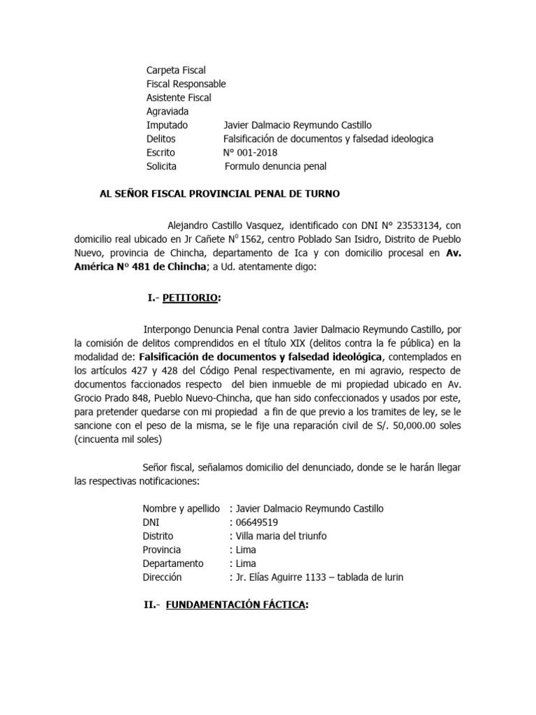 Escrito de Denuncia Penal - Caso Alejandro | PDF