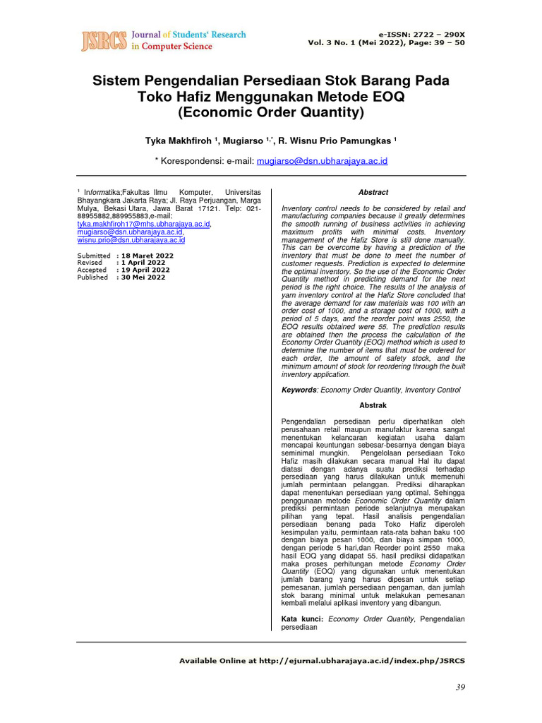 Sistem Pengendalian Persediaan Stok Barang Pada Toko Hafiz Menggunakan Metode EOQ (Economic ...