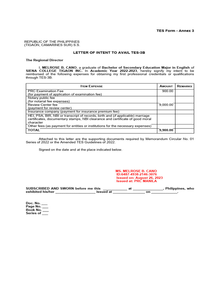 TES-3B Reimbursement Intent Letters | PDF