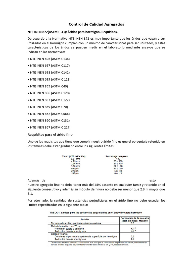 Agregados Fino y Grueso Control Calidad (Revisado) | PDF | Hormigón | Materiales