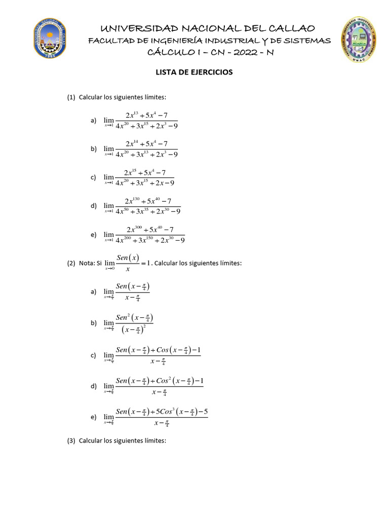 Lista de Ejercicios Calculo I | PDF
