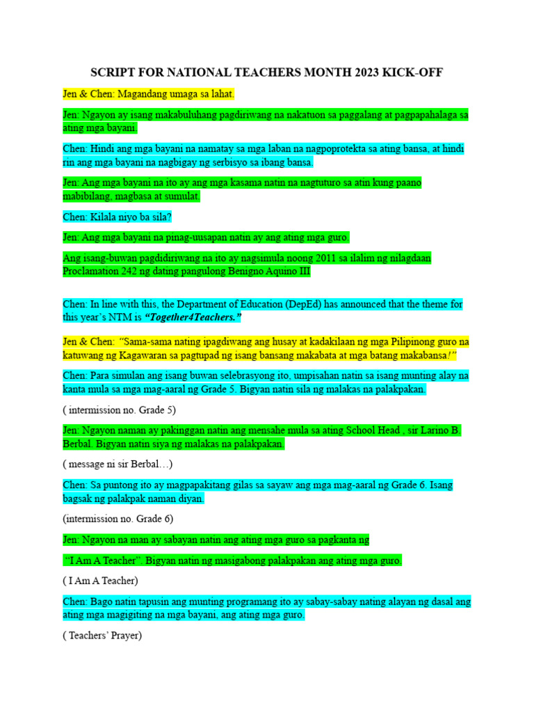 SCRIPT FOR NATIONAL TEACHERS MONTH 2023 KICK | PDF