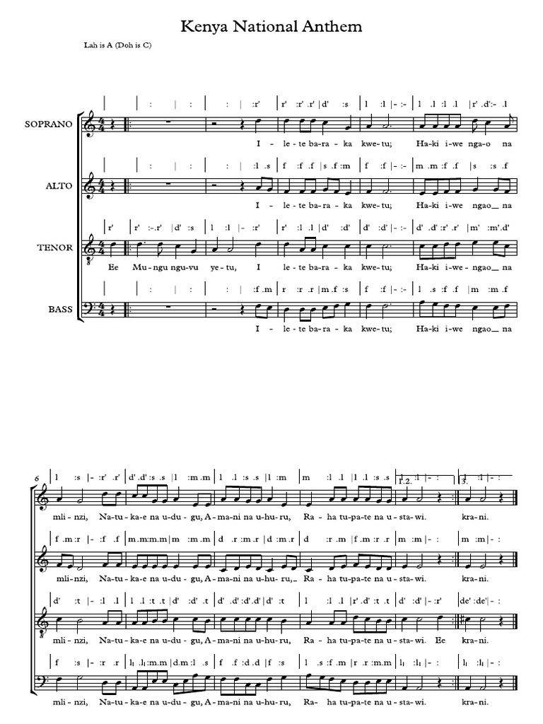 Kenya National Anthem Score | PDF